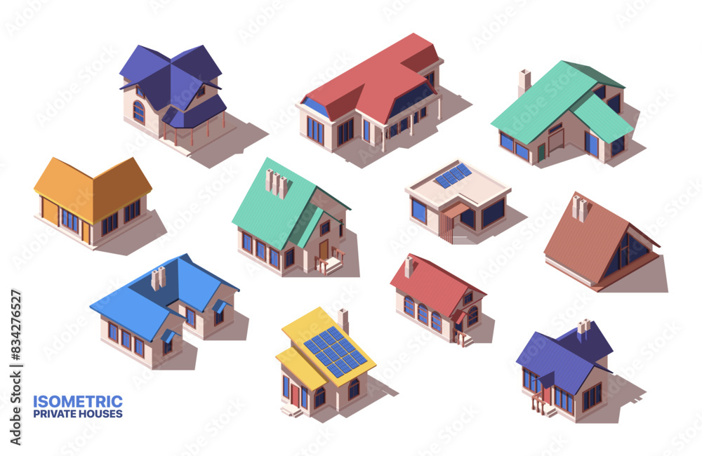 Private houses isometric icons set. Illustrations of luxury cottages ...