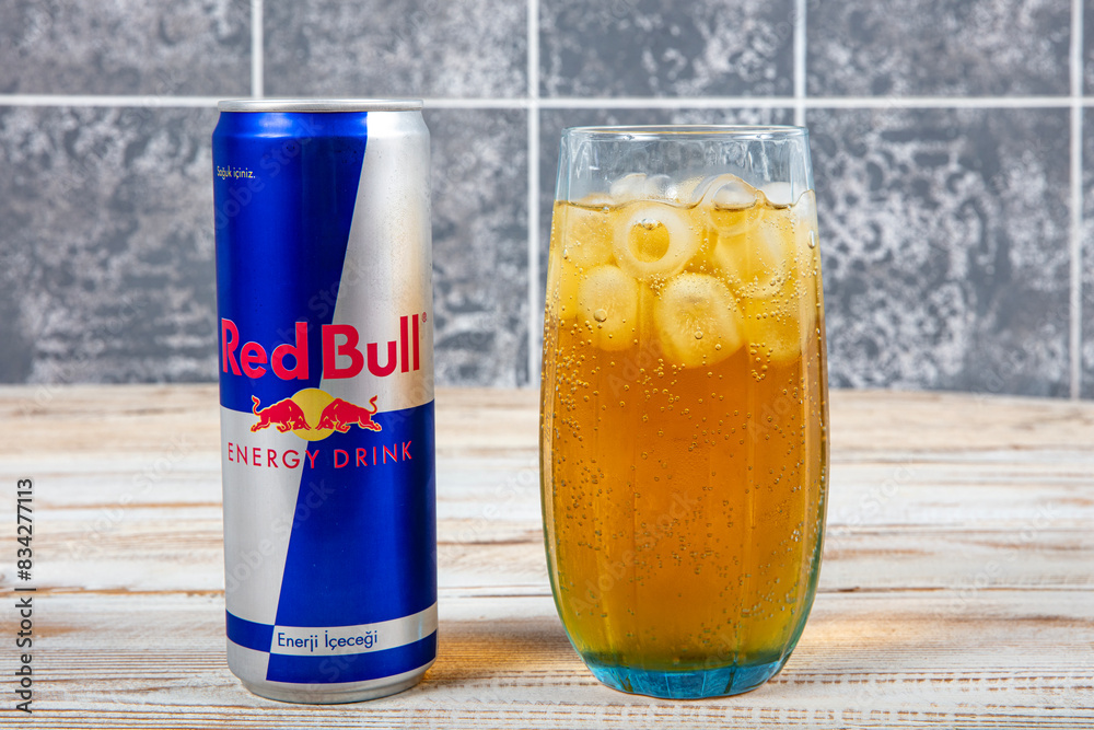 Istanbul Turkey 28 July 2023 ; A picture of cold Red Bull Energy Drink ...