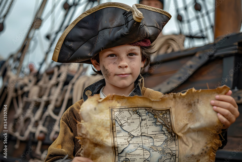 kids in a pirate outfit exploring a pirate ship with treasure chests ...