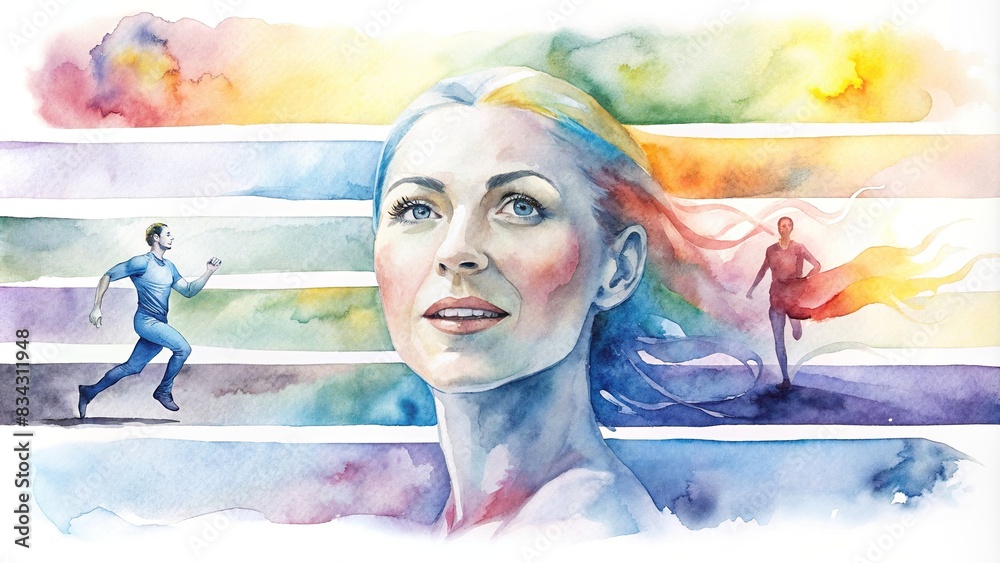 Watercolor design of template colored emotions strips with running girl ...