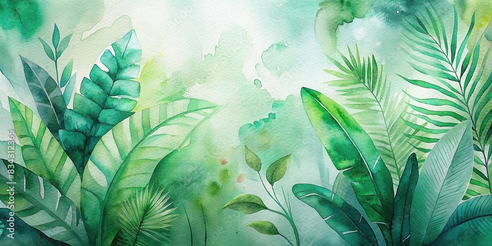 Abstract watercolor botanical background with green tropical foliage ...