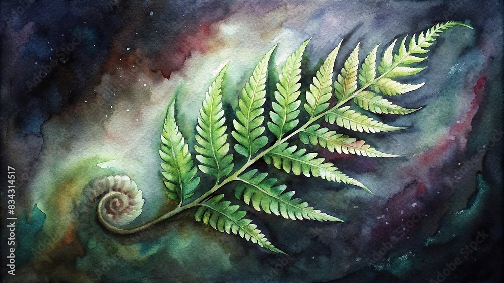 Spiral fern leaf in watercolor on a black background, spiral, fern leaf ...