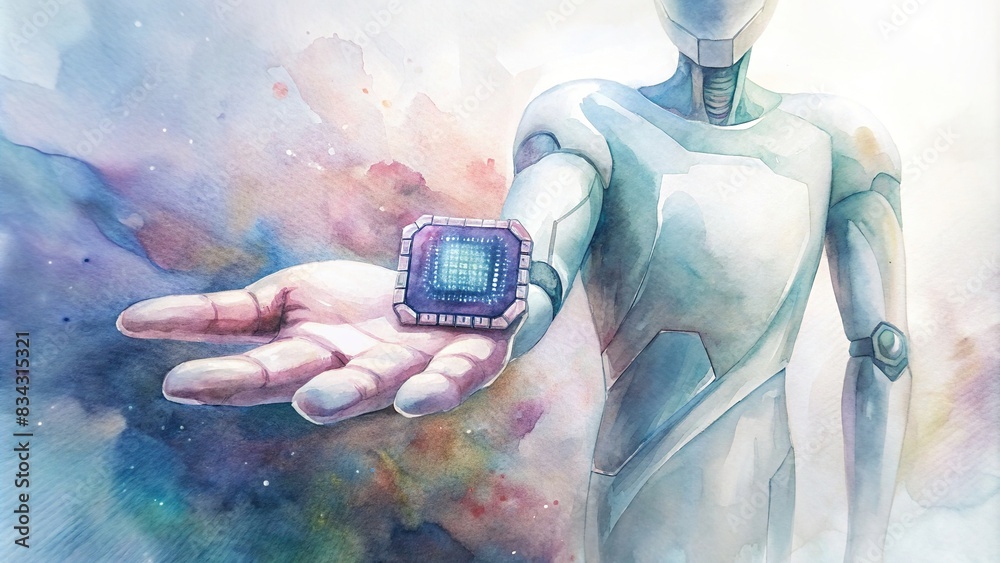 AI humanoid hand holding PS microchip hologram, Generative watercolor ...