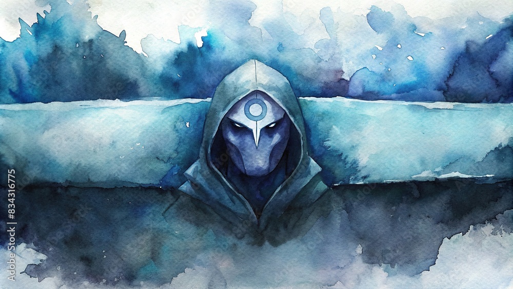 Dark and eerie banner with hooded hacker symbol in watercolor style ...