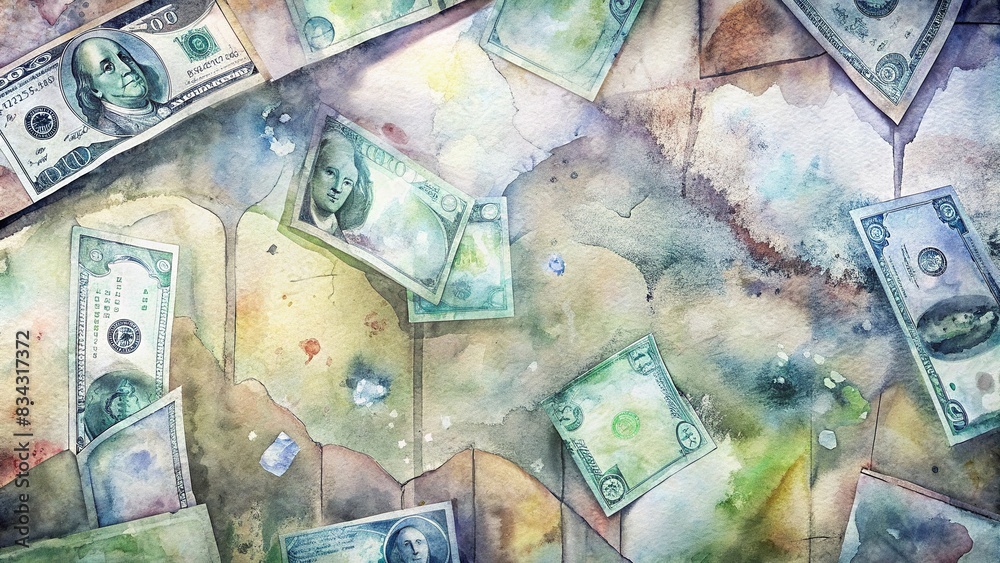 Dollar bill collage graffiti on the wall in watercolor, money, cash ...