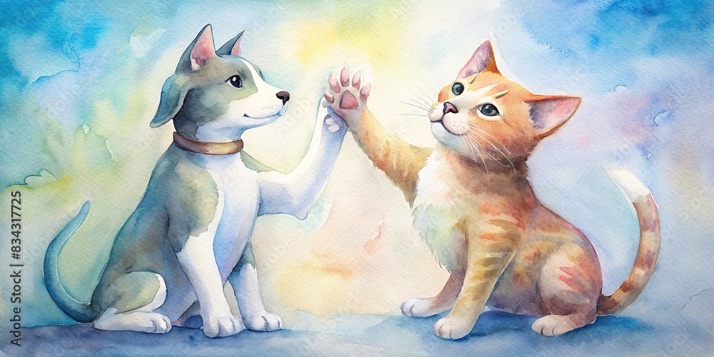 Watercolor of a cute dog and cat giving a high-five , pets, animals ...