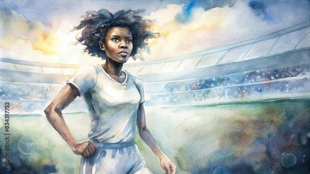 Watercolor of a black woman soccer player in a stadium , sports, soccer ...