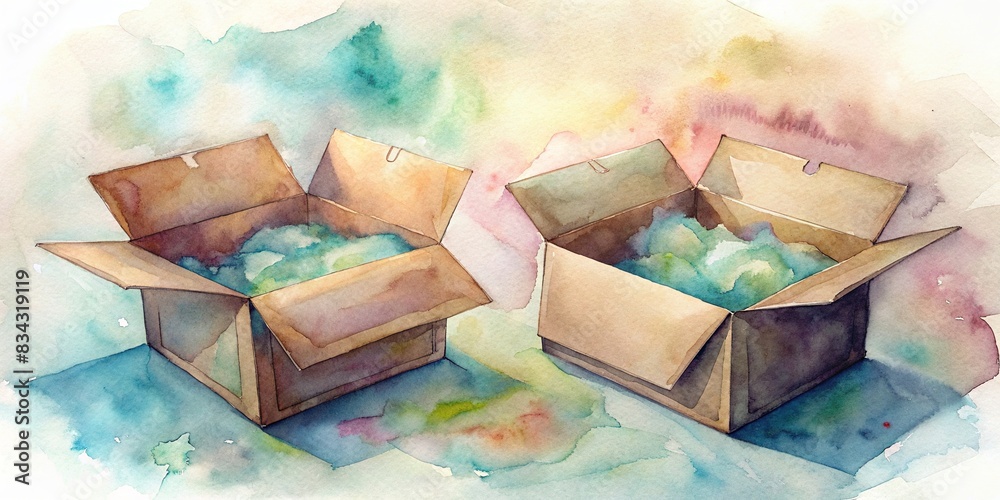 Two open cardboard boxes with paper packaging inside, showcasing ...