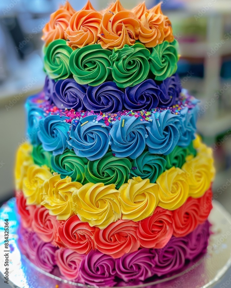 The rainbow cake was beautifully decorated for a proud celebration. The cake has colorful layers ...