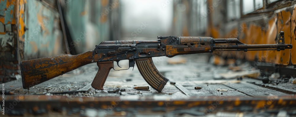 Rust-covered AK-47 assault rifle portrayed amidst an eerie, abandoned ...
