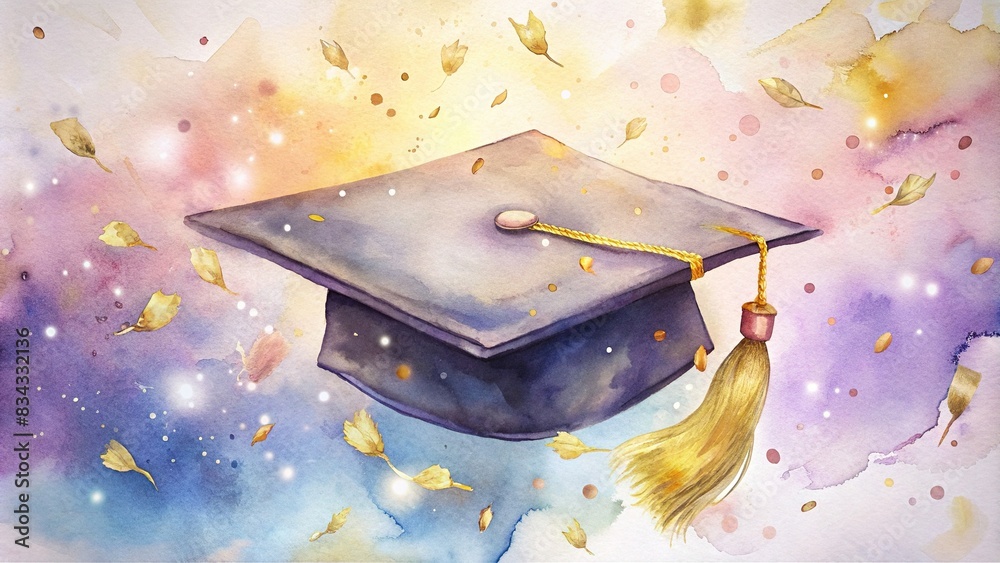 Graduation greeting background with mortarboard cap and gold confetti ...