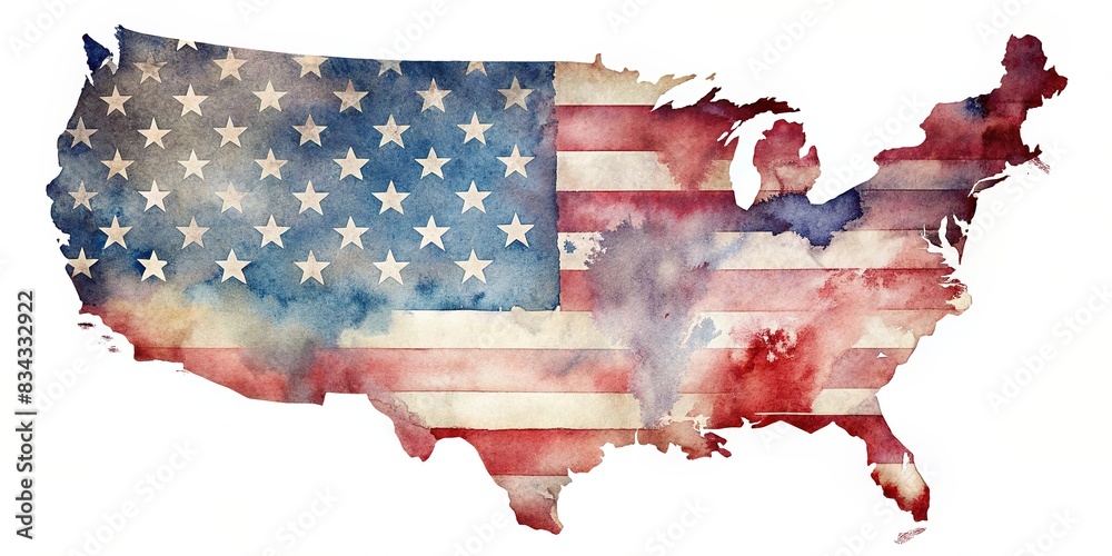 Vintage faded American flag watercolor painting in the shape of the US ...