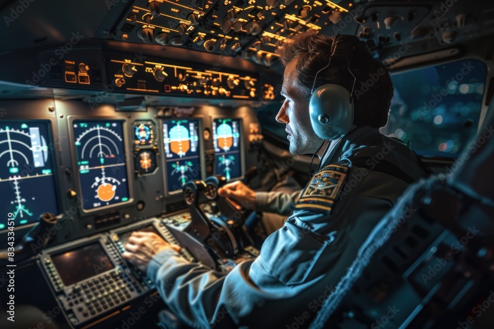 Professional pilot flying a commercial airplane in the night sky ...