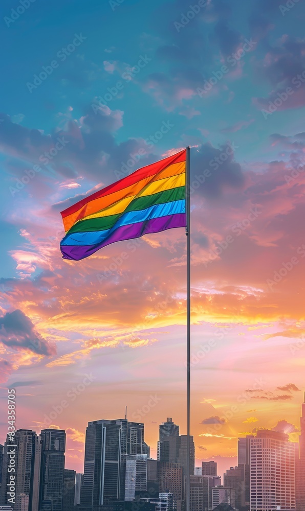 Pride flags fly over the city skyline. It is a symbol of visibility and ...