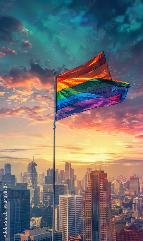 Pride flags fly over the city skyline. It is a symbol of visibility and ...