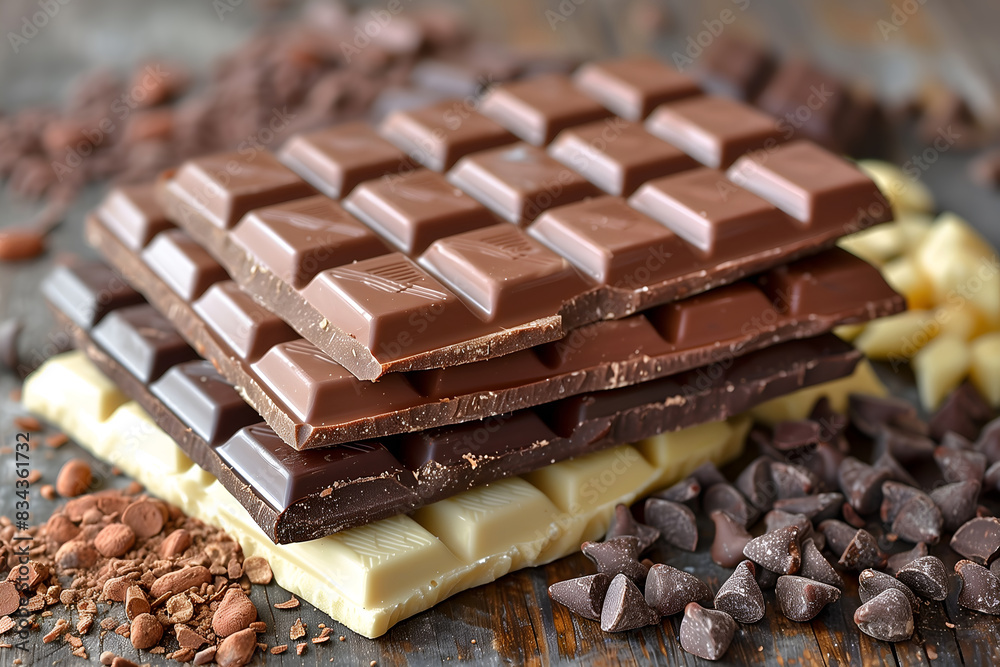 Various types of chocolate: white, black bitter and milk lie on top of ...