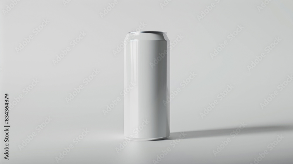 A blank white can of energy drink with a black lid is shown from the ...