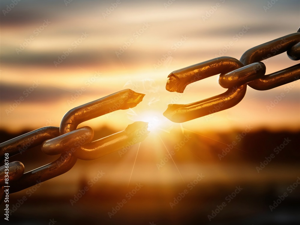Prompt: A broken chain with a single link glowing brightly, symbolizing ...