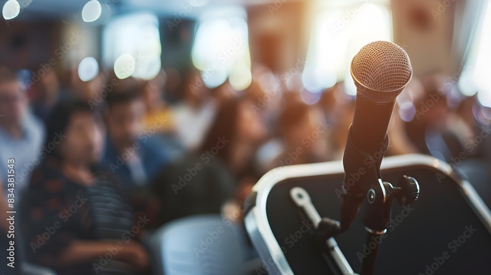 Microphone on Stage in Crowded Auditorium During a Public Speaking ...
