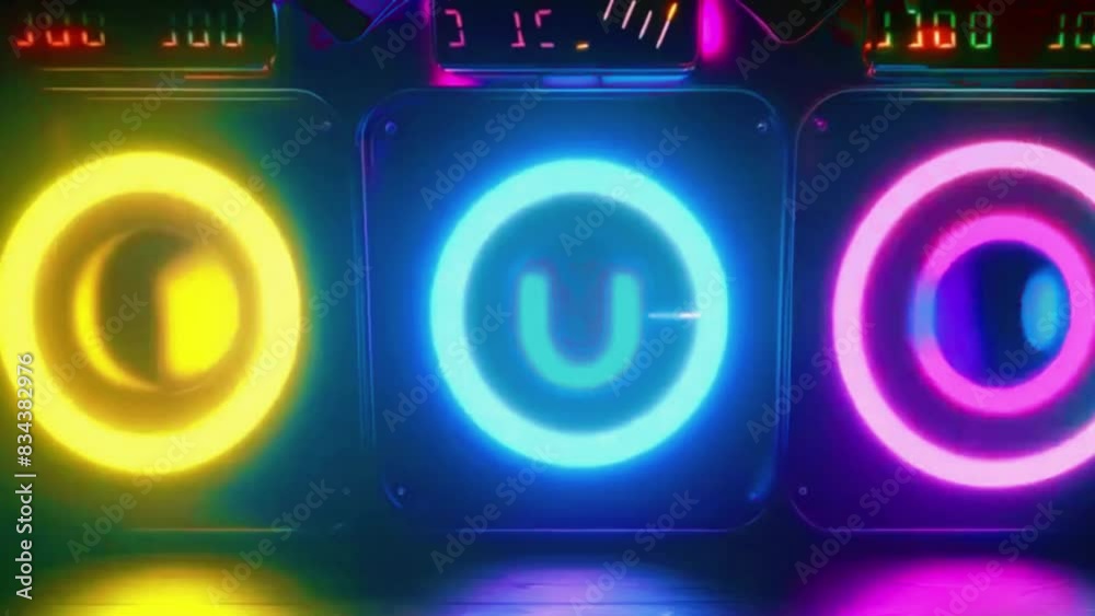 VU meters designed as neon lights, pulsing and changing color to the ...