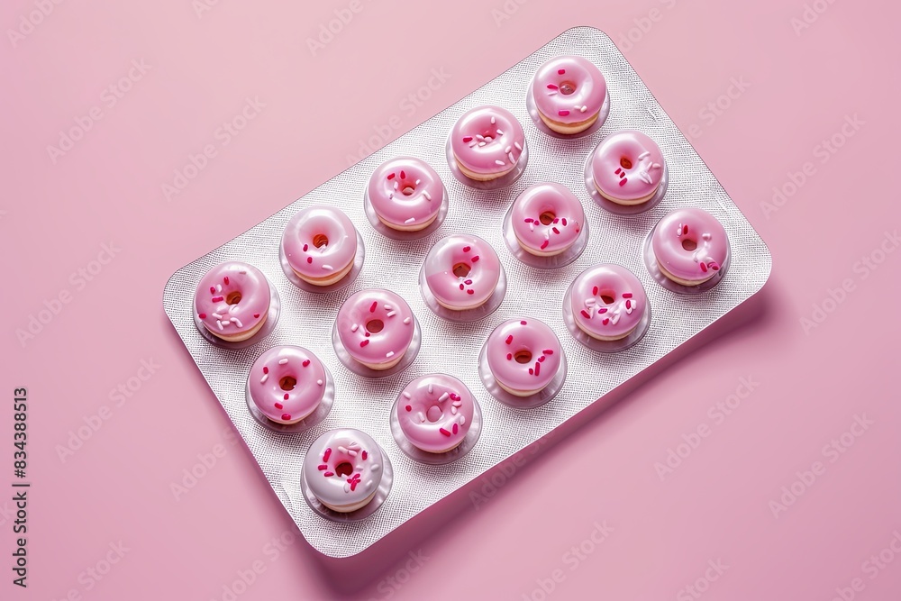 pill tab,blister with small donuts inside it against a pastel pink ...