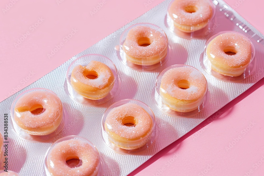 pill tab,blister with small donuts inside it against a pastel pink ...