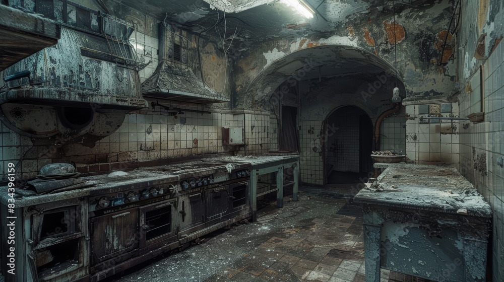 Hauntingly abandoned kitchen in a disused bunker, with remnants of past ...