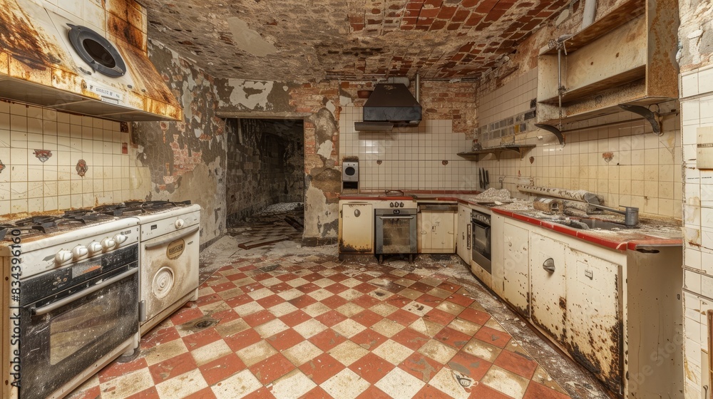 Hauntingly abandoned kitchen in a disused bunker, with remnants of past ...