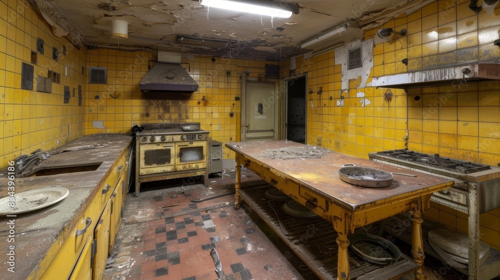 Hauntingly abandoned kitchen in a disused bunker, with remnants of past ...