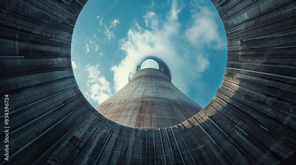 Interior view of a cooling tower, looking up towards the blue sky ...
