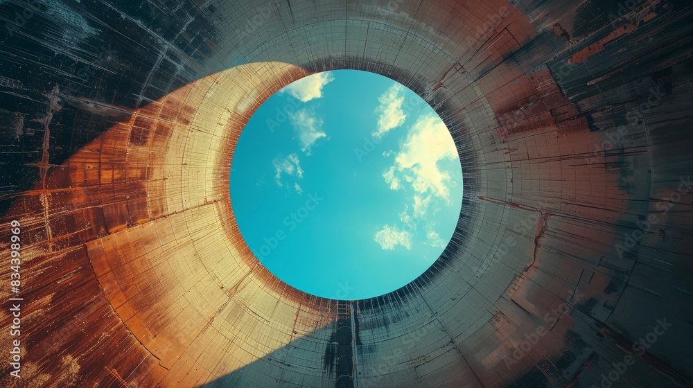 Looking up inside a cooling tower with a view of the blue sky ...
