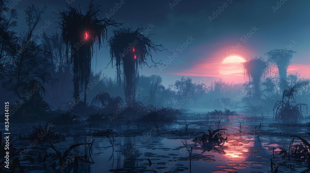 Wetlands of a dark alien world, featuring sentient plants with ...