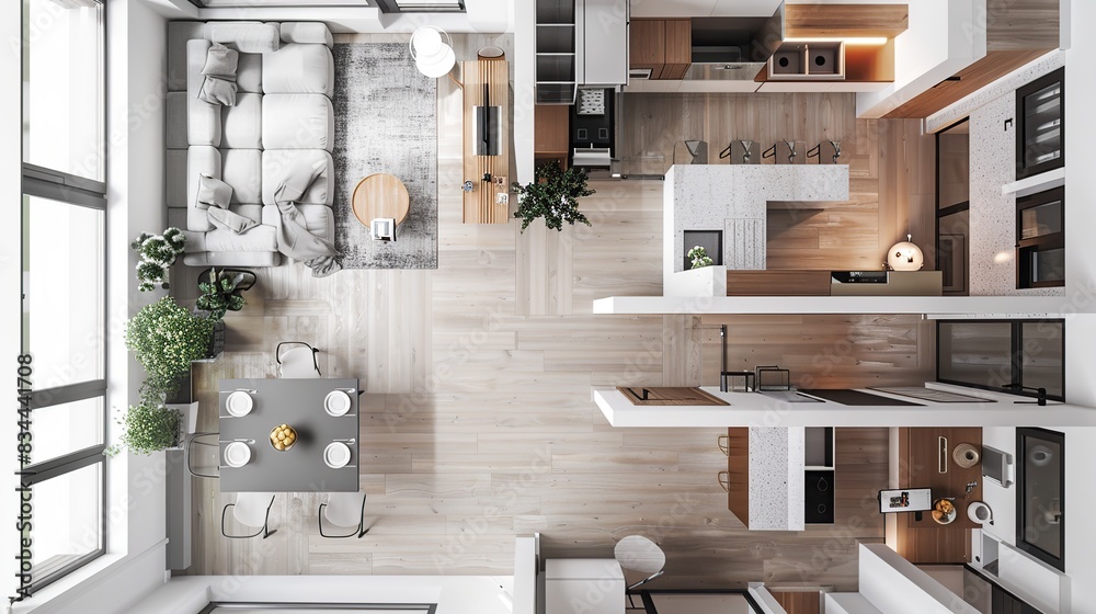 Detailed apartment layout in a modern architectural style. Setting ...