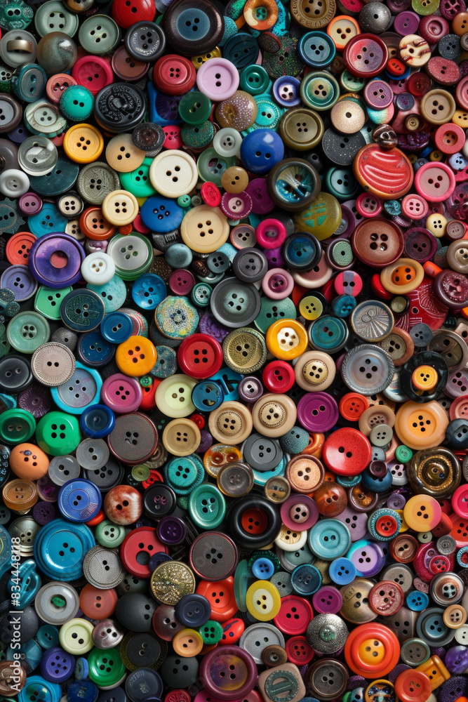 A densely packed collection of buttons in various shapes, sizes, and ...