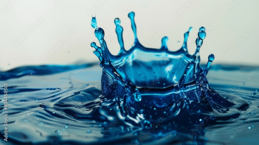 Magnificent blue water droplets, dripping down to form a crown shape ...