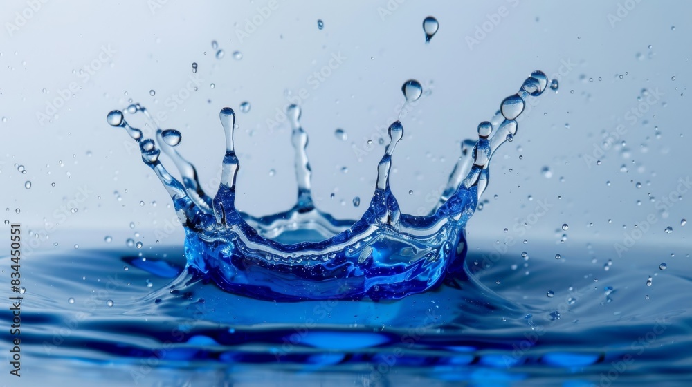 Magnificent blue water droplets, dripping down to form a crown shape ...