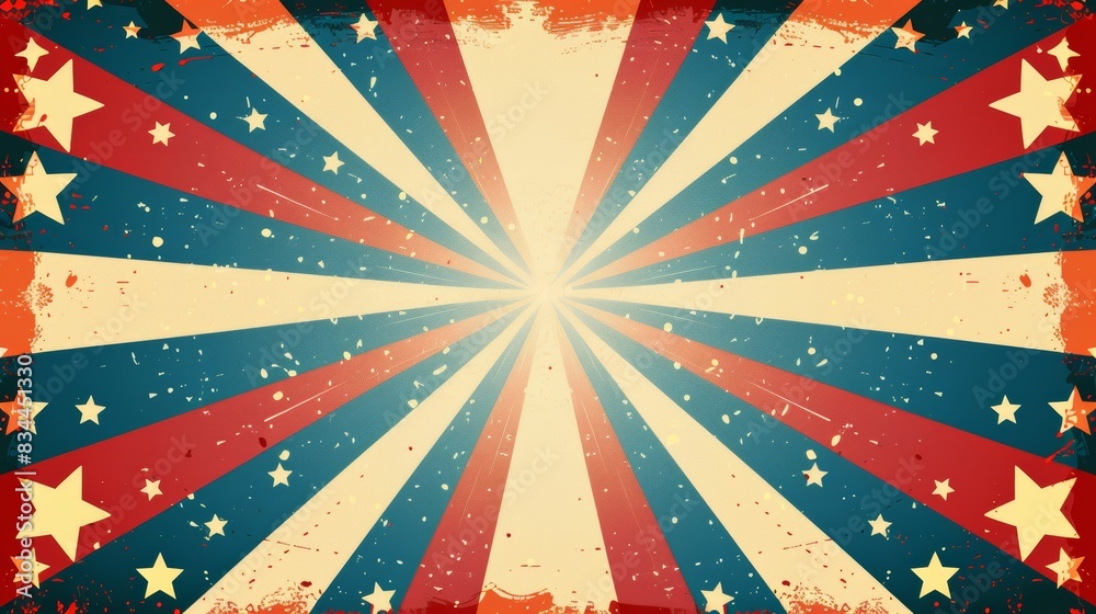 Vintage red, white, and blue starburst background with grunge texture ...