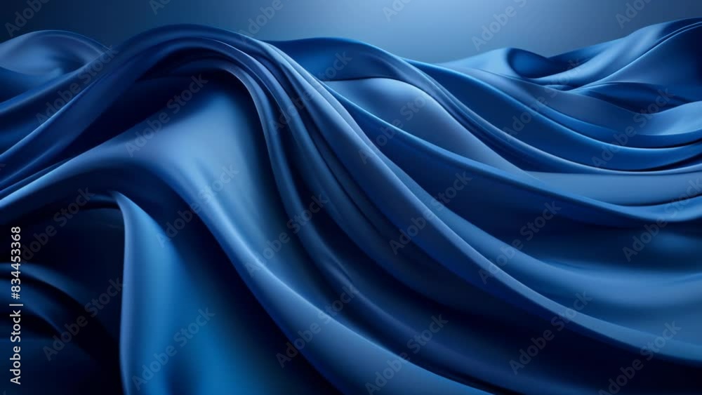 Smooth, flowing waves of rich blue silk, creating an elegant and luxurious texture. The folds ...