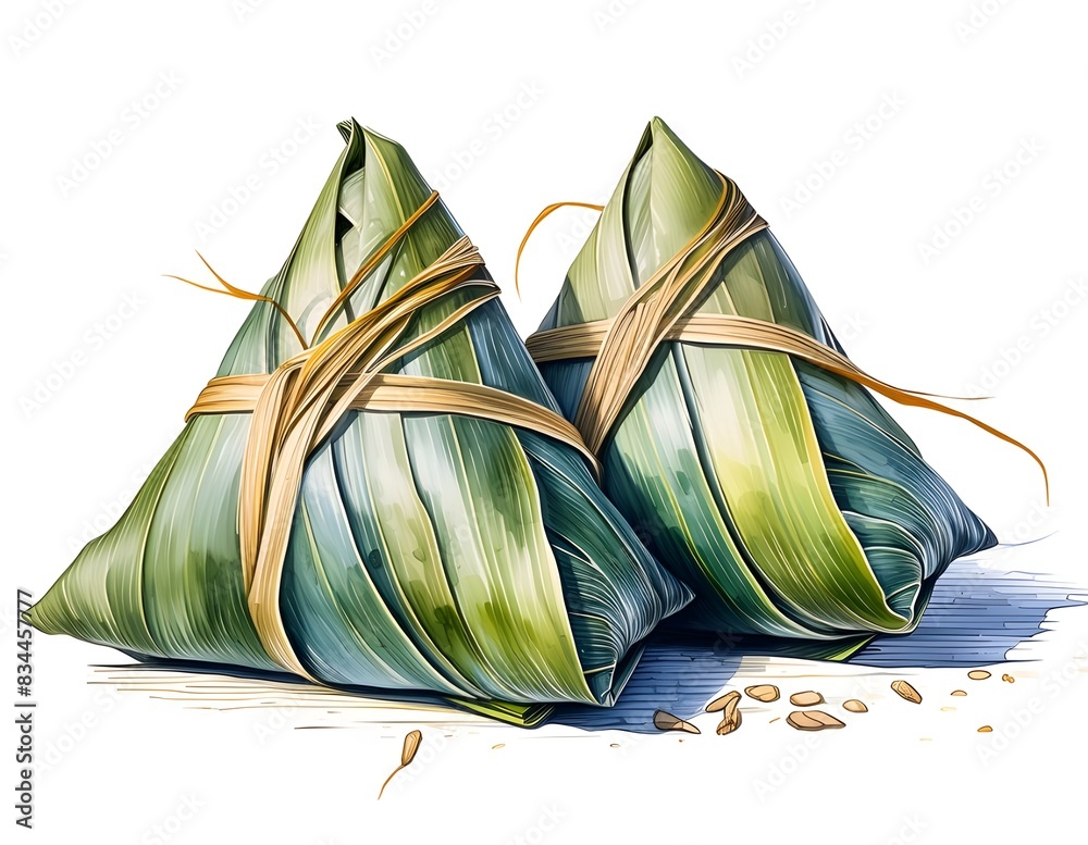 handdraw Zongzi on white background, a sticky rice dumpling hanging ...