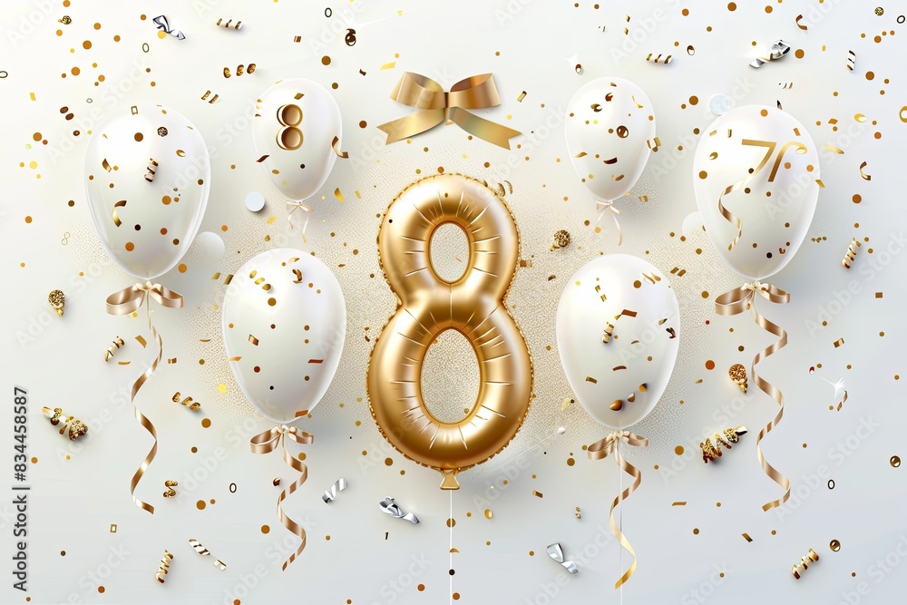The number "8", birthday design with balloons, party favors, ribbons ...