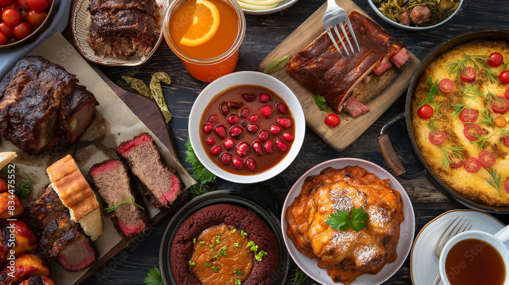 An arrangement of traditional Juneteenth foods like barbecue, red ...