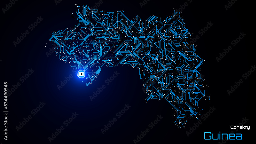 Guinea, with its capital city of Conakry, is represented as a microchip ...