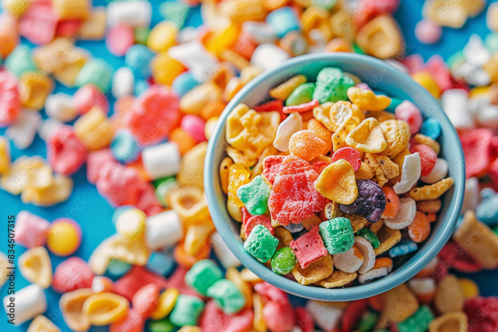 A close-up view of a bowl filled with colorful cereal pieces, densely ...