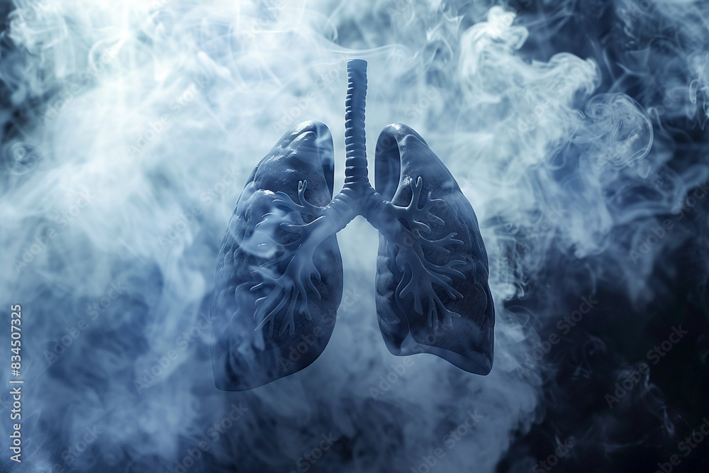 The image depicts lungs in a cloud of smoke, symbolizing breathing ...