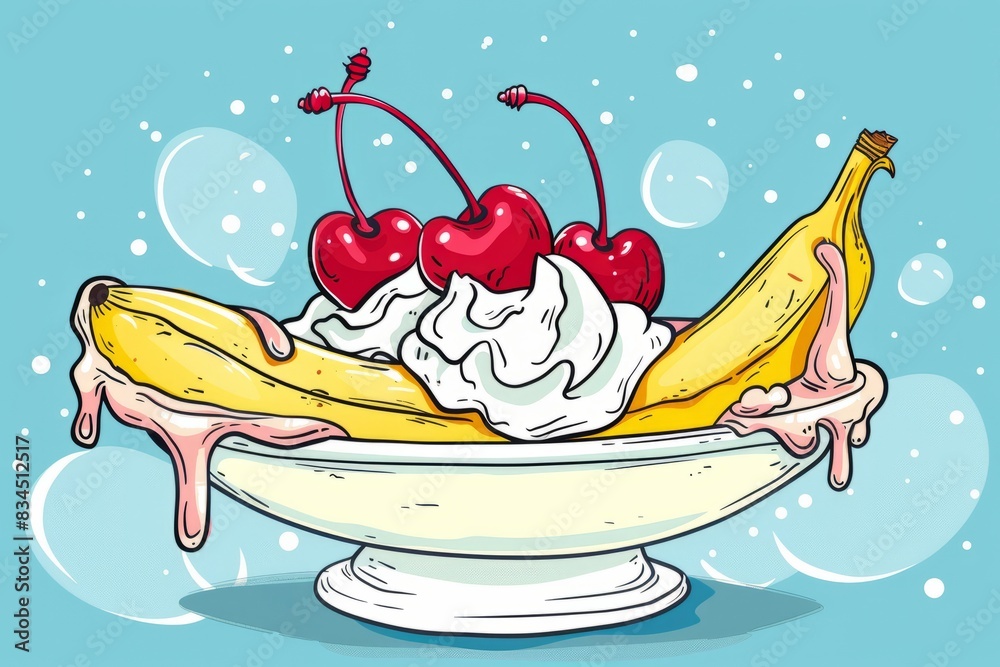 Cartoon cute doodles of a frozen banana split with whipped cream and ...