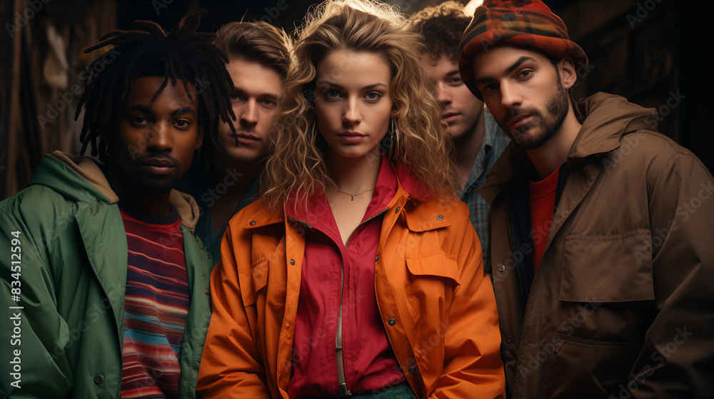 Gen Z in 90s fashion, baggy jeans, colorful windbreakers, retro ...