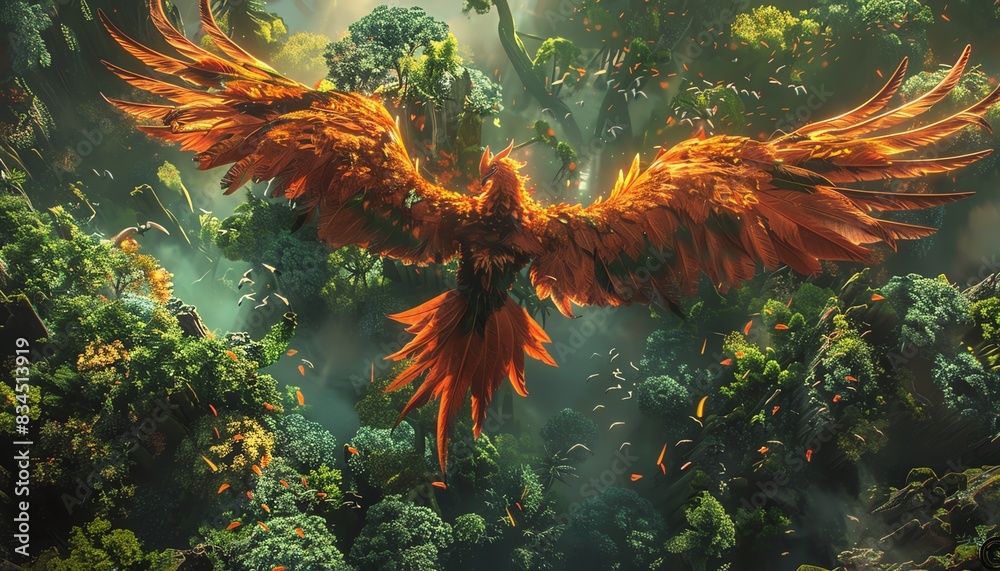 Illustrate a powerful phoenix leading a flock of mythical creatures ...