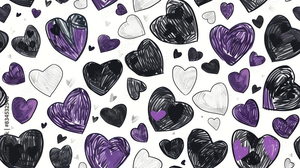 Seamless pattern of hand-drawn Asexual Pride flags and hearts, creating ...