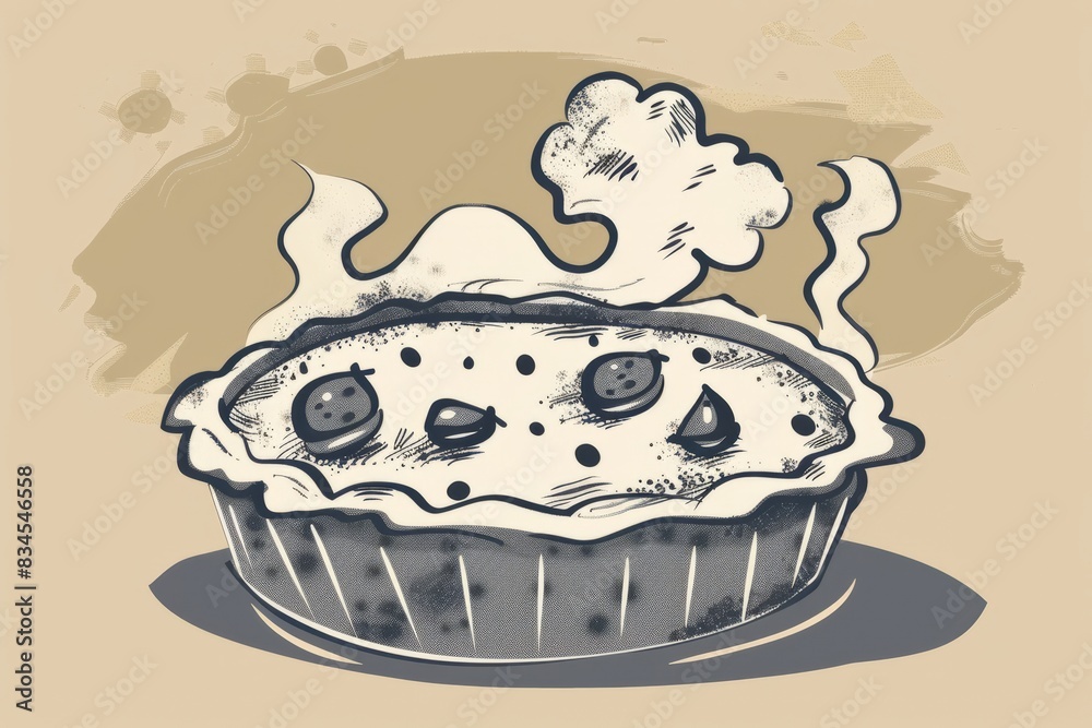 Cartoon cute doodles of a burned pie with steam rising from the crust ...