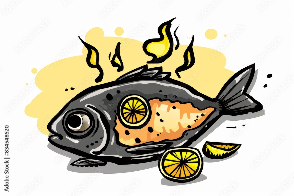 Cartoon cute doodles of a burned piece of fish with lemon, Generative ...